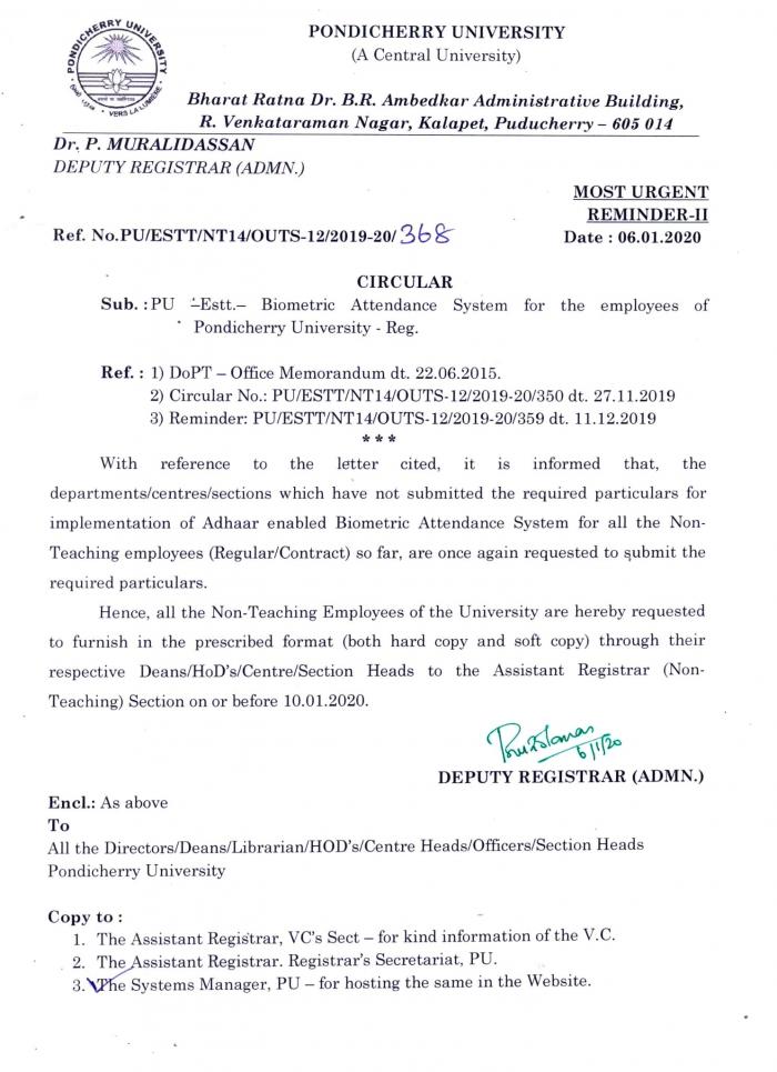 Biometric Attendance System For The Employees Of Pondicherry University